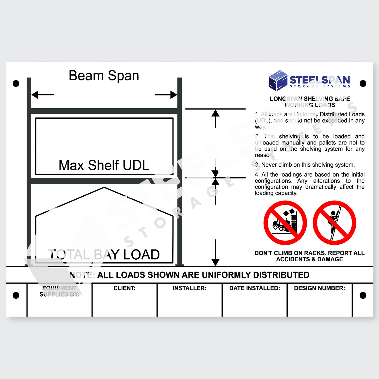 Longspan Metal Shelving Working Load Limit Sign – Steelspan Storage Systems