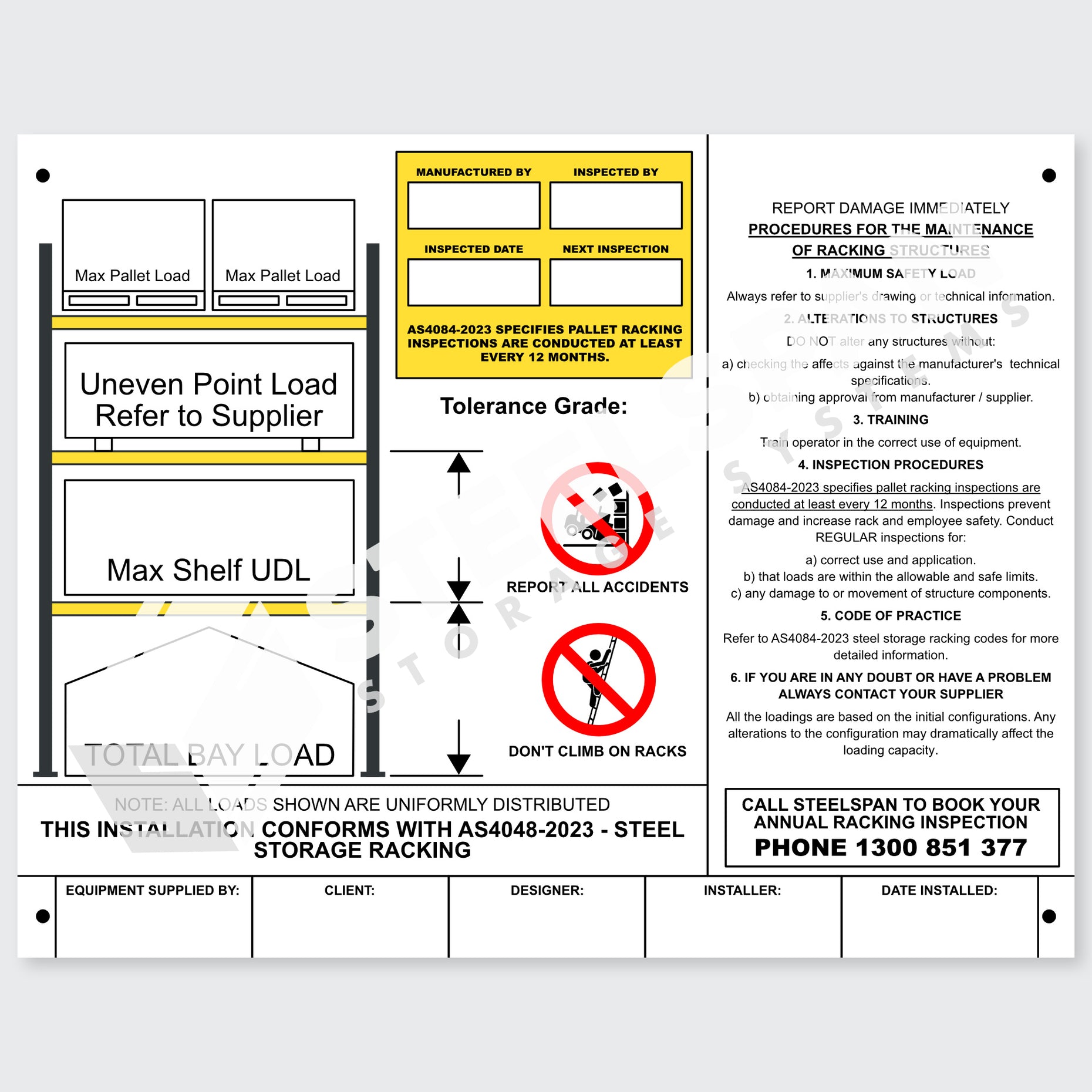 Pallet Racking Working Load Limit Sign – Steelspan Storage Systems